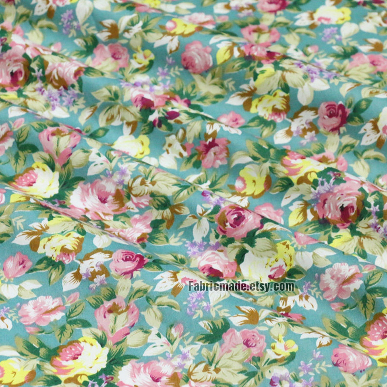 Rose Flower Fabric, Green Cotton Pink Yellow Rose White Daisy Flower ...