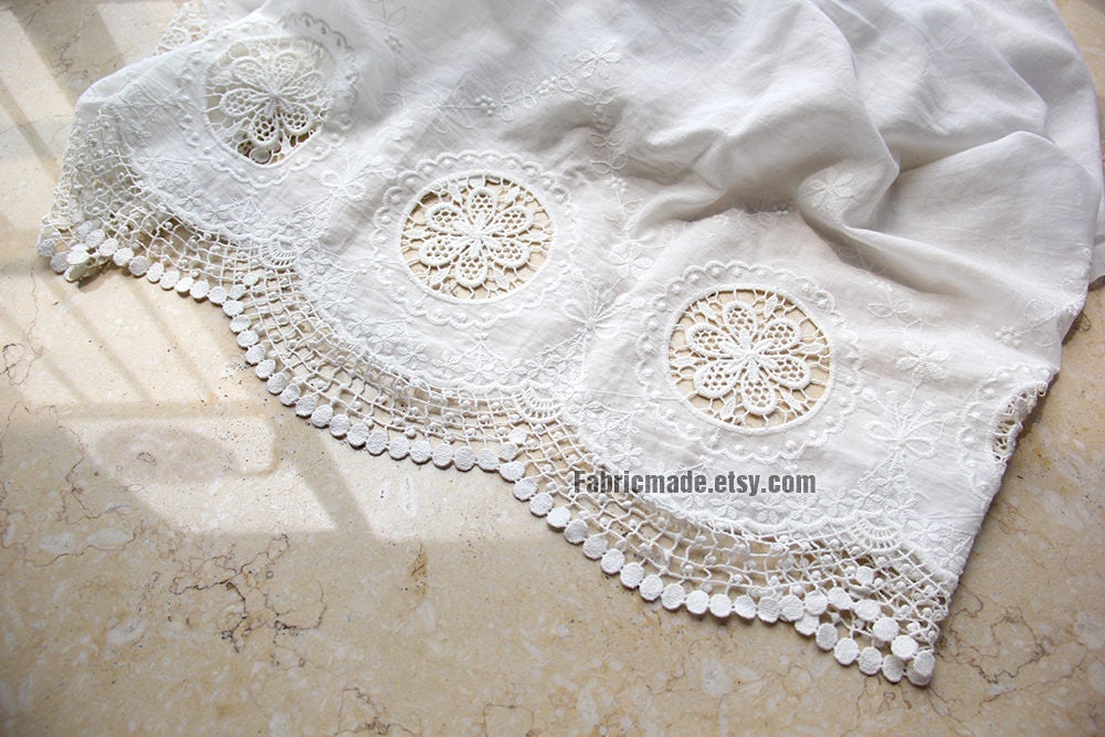 White Cotton Eyelet Border Fabric, Lace Border Cotton Fabric ...