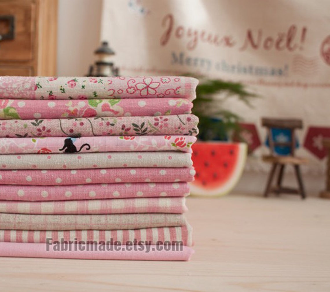 Pink Bundle Pink Linen Cotton Fabric Bundle- Pink Fabric Fat Quarter ...