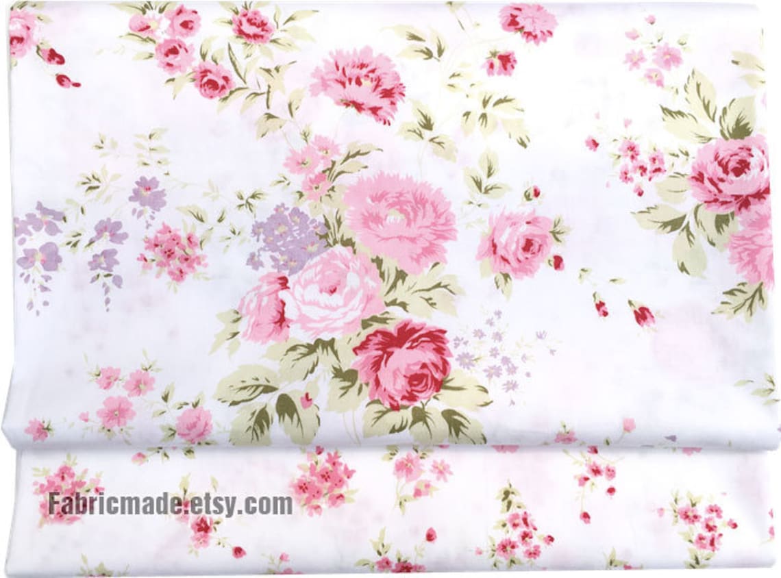 Shabby Chic Pink Rose Floral Cotton Fabric on White Cotton - Etsy