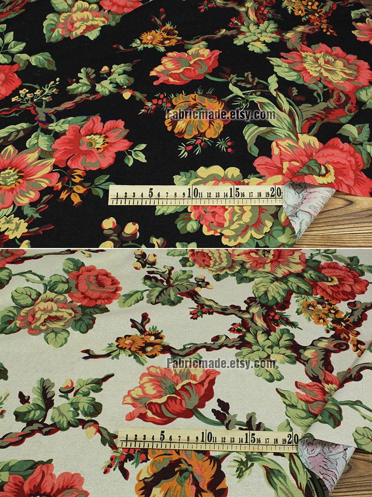 Bright Flower Linen Fabric Large Red Camellia in Red Blue | Etsy