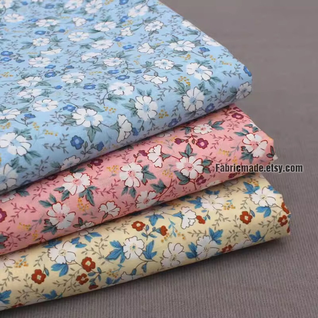 Little White Flower Cotton Fabric on Blue Pink Yellow Cotton - 1/2 Yard ...