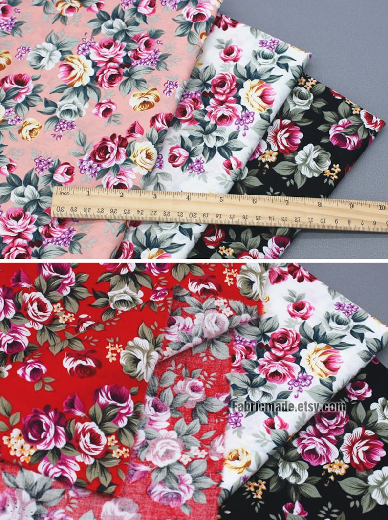 Pink Red Rose Floral Fabric Coordinating Fabric Flower Shabby - Etsy