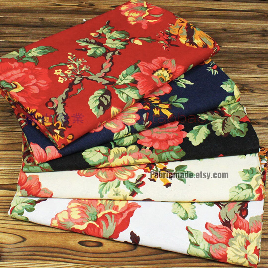 Bright Flower Linen Fabric, Large Red Camellia in Red Blue Black White ...