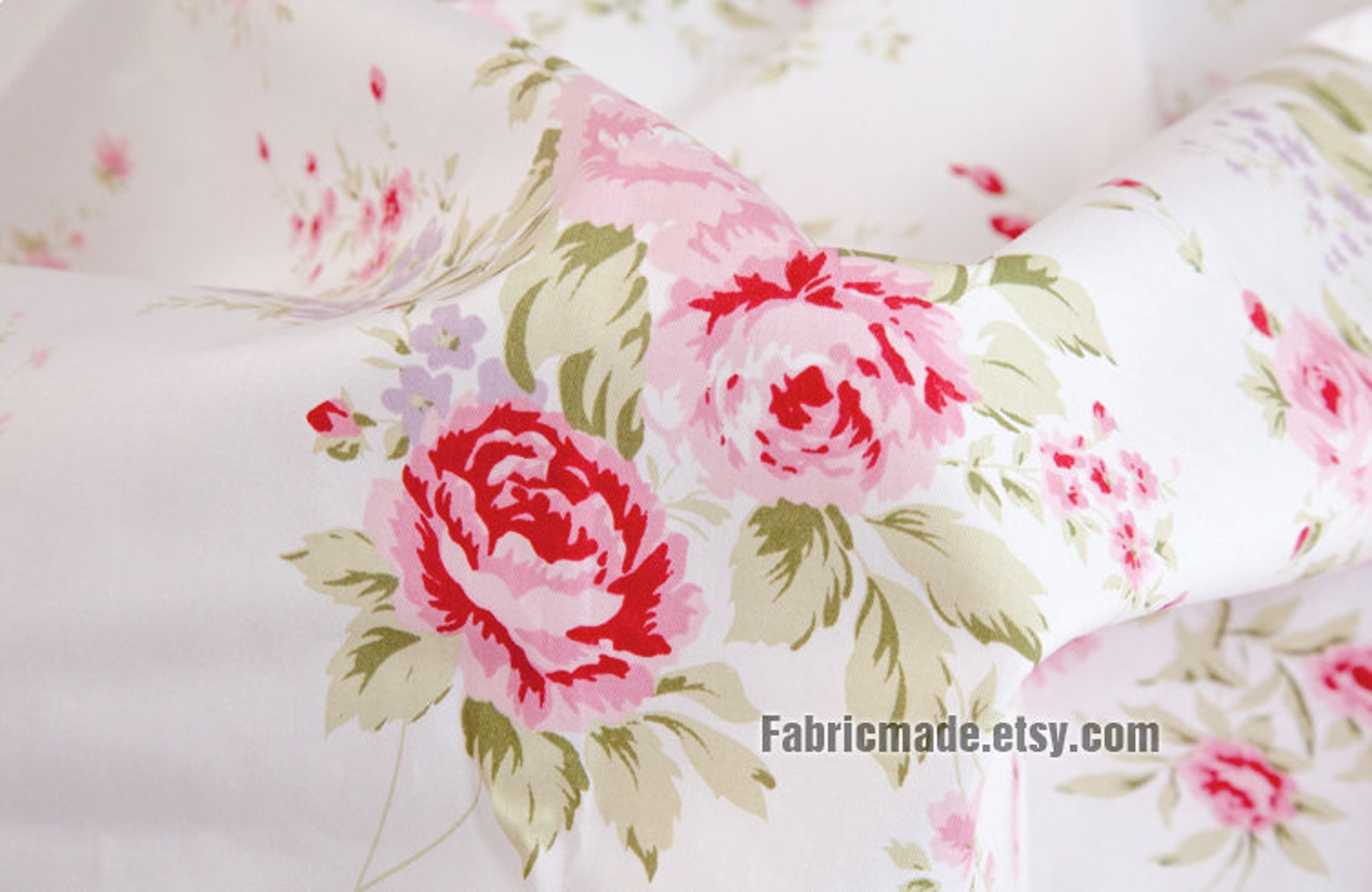 Shabby Chic Pink Rose Floral Cotton Fabric on White Cotton - Etsy
