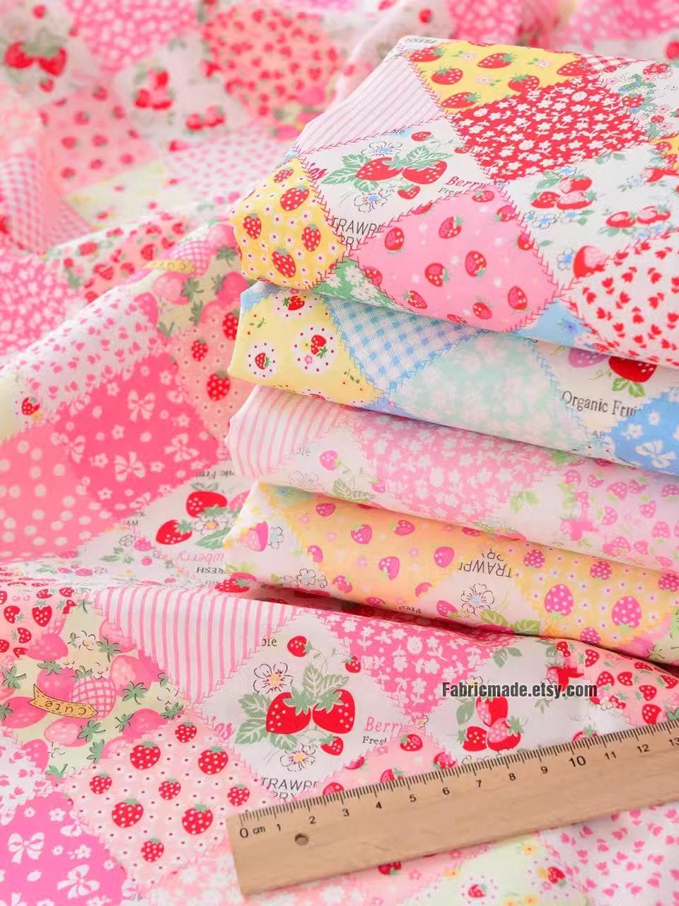 Shabby Chic Strawberry Floral Plaid Cotton Fabric Patchwork Style - 1/2 ...