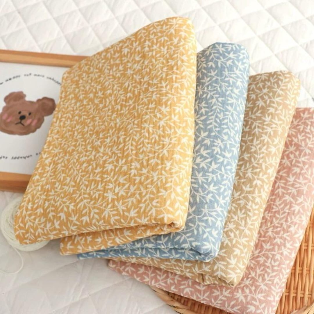 Tiny White Leaves Crinkle Double Gauze Cotton Swaddle Muslin Fabric- 1/ ...