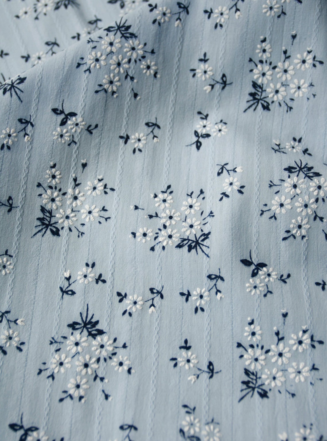 Cream Blue Cotton Fabric With Little Daisy Floral Jacquard - Etsy