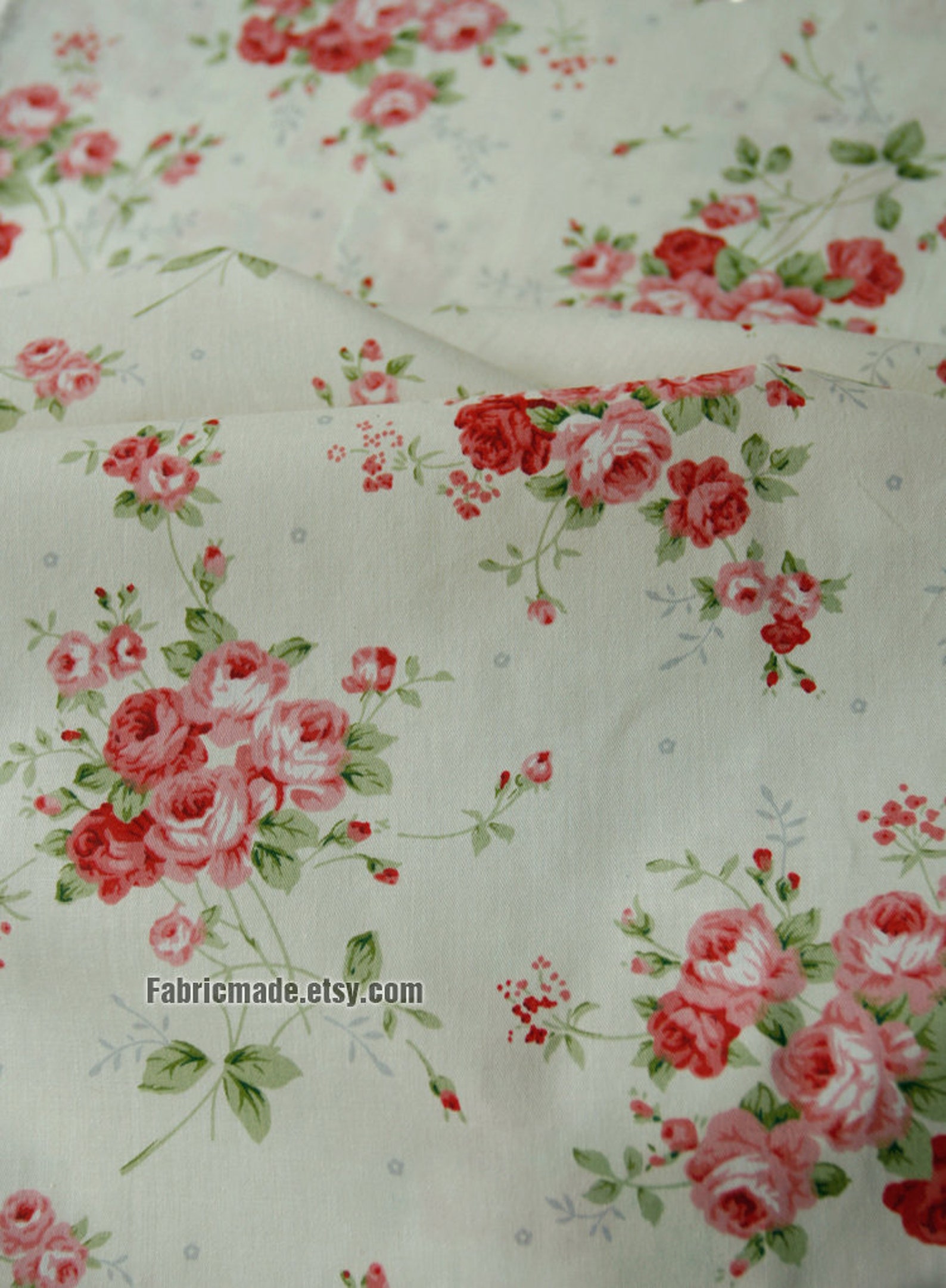 Rose Cotton Fabric Pink Red Rose on Ivory Blue Cotton Shabby | Etsy