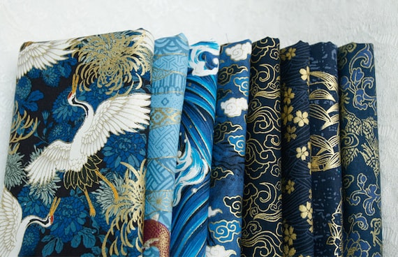 Fabric Cotton Bronzing Cloud Crane Gilded Gold Golden Asian Fabric 1 2 Yard Etsy