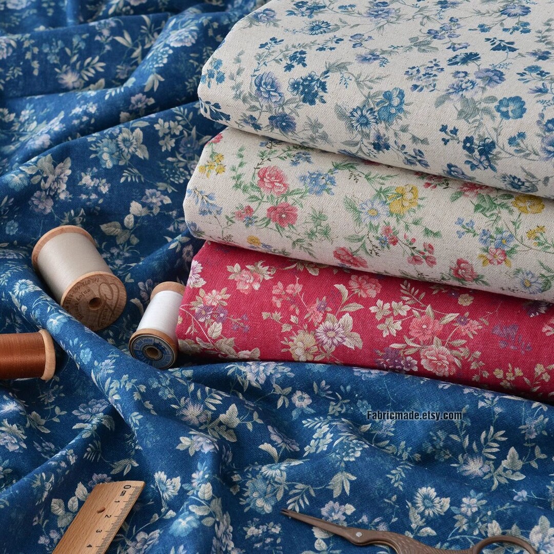 Pink Blue Vintage Flower Fabric Shabby Chic Floral Linen Fabric - 1/2 ...