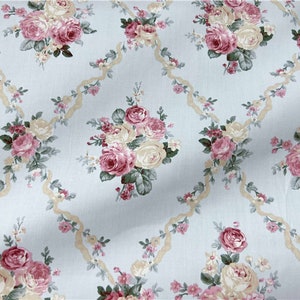 Pink Rose Floral Flower Cotton Fabric on Pink Cream Blue - 1/2 Yard - Etsy