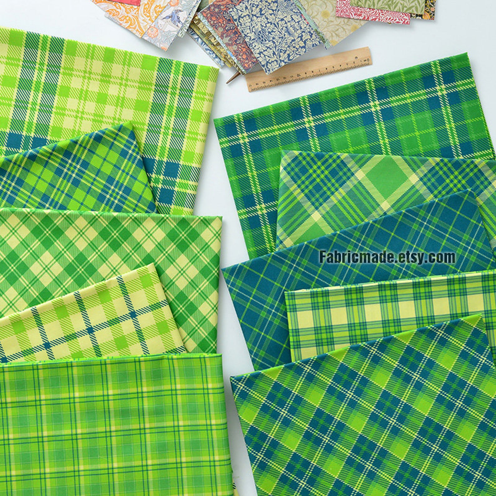 Green Plaid Cotton Fabric, Digital Print Tartan Check Fabric- 1/2 Yard ...