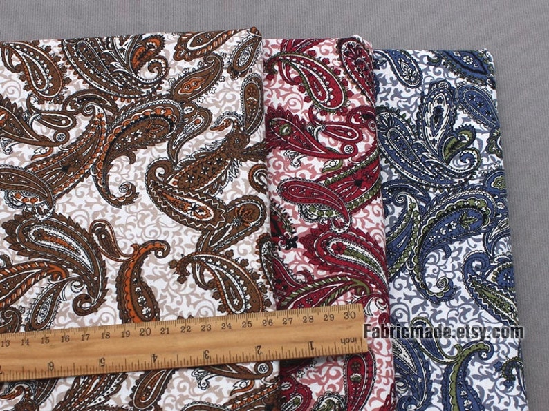 Vintage Paisley Cotton Fabric, Dark Red Brown Blue Paisley Floral ...