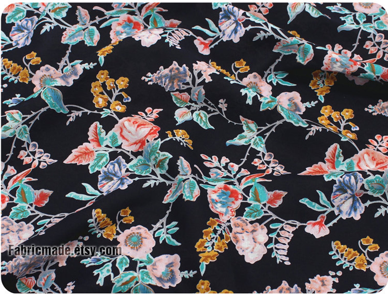 Floral Cotton Fabric Pink Orange Flower on Navy Blue White - Etsy