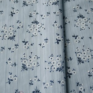 Cream Blue Cotton Fabric With Little Daisy Floral Jacquard Stripes - 1/ ...