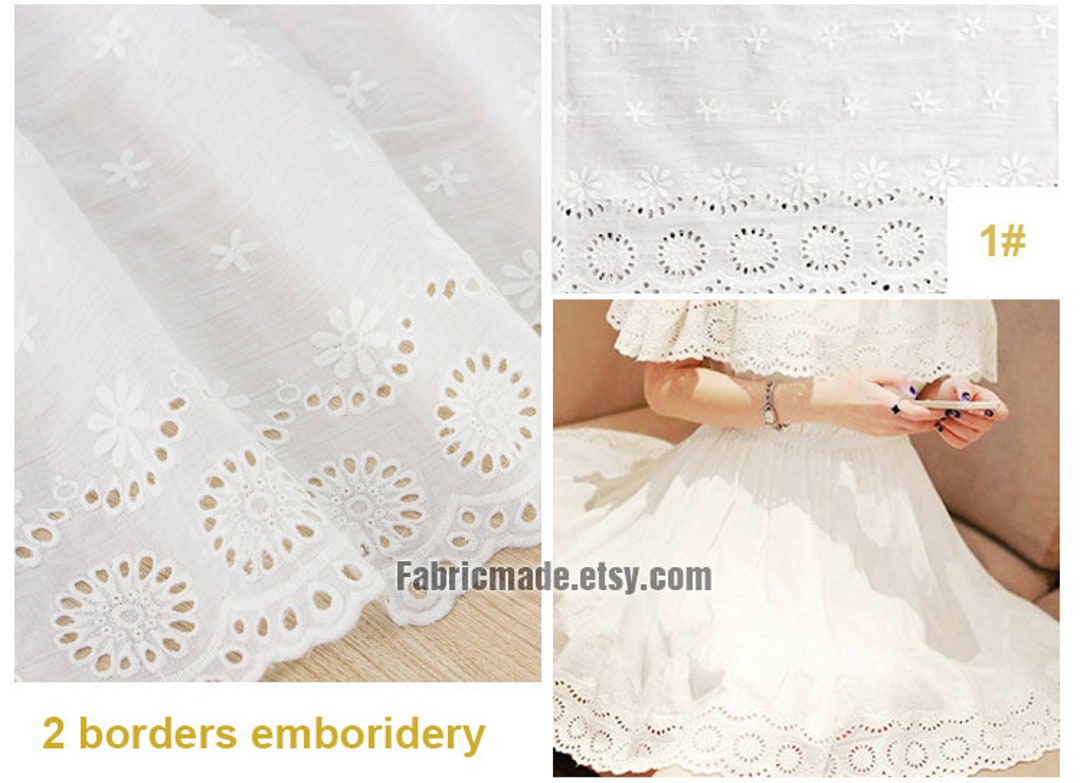 White Cotton Eyelet Borders Fabric, Embroidery Siders Fabric Cotton, Hollowed Border Lace Cotton ...