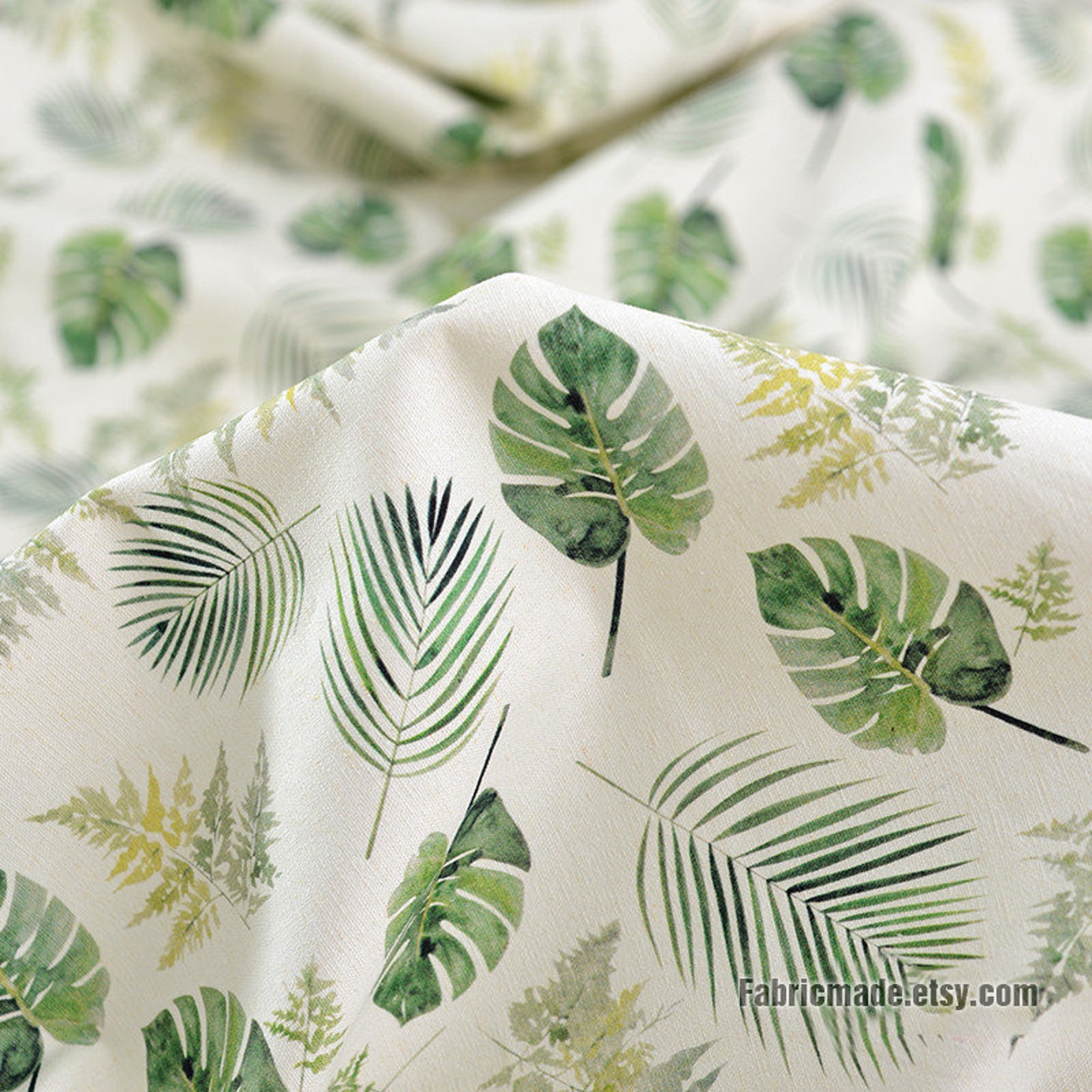 Floral Leaves Linen Fabric Green Leaf on Ivory Linen Cotton | Etsy