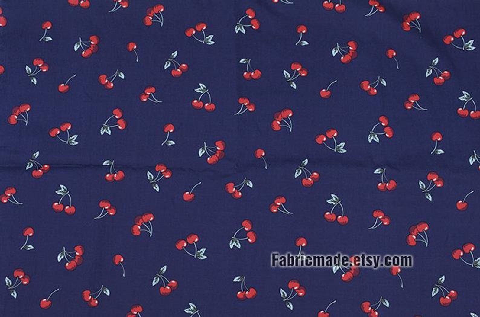 Red Cherry Fabric Red Cherry on Navy Blue off White Cotton | Etsy