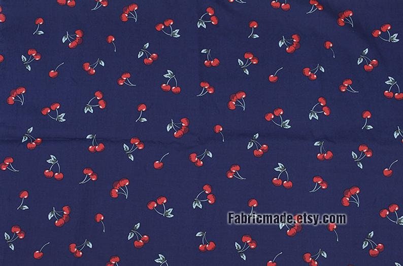 Red Cherry Fabric Red Cherry on Navy Blue off White Cotton | Etsy