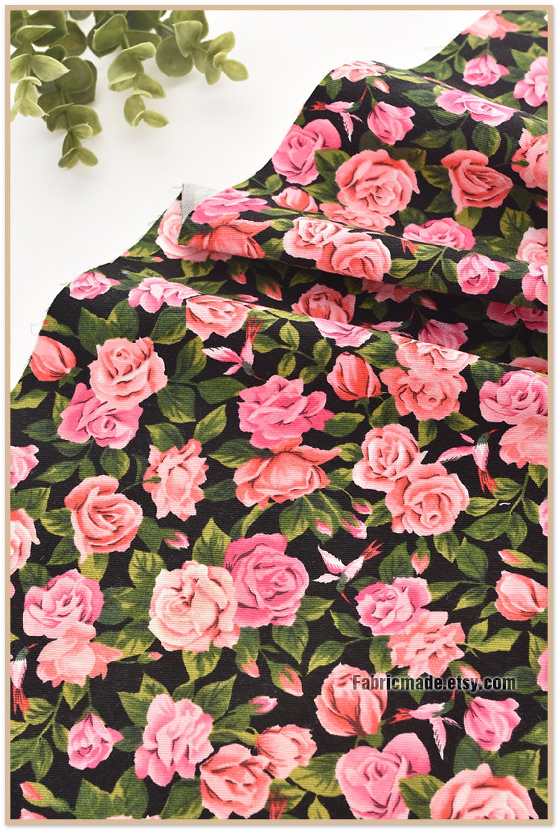 Twill Cotton Pink Roses Rose Bouquet Floral Cotton Fabric | Etsy