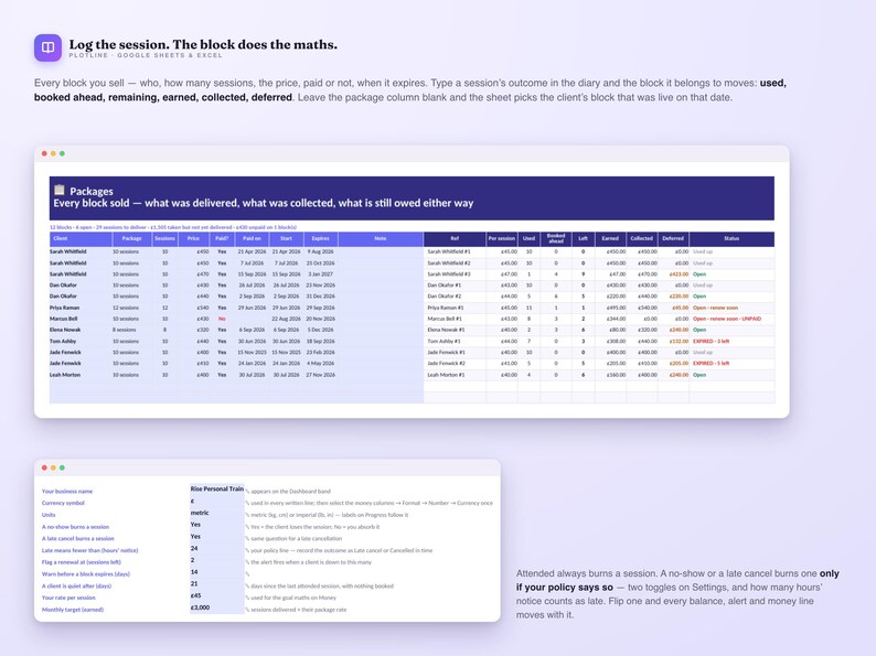 Personal Trainer Spreadsheet, Client & Session Package Tracker for ...