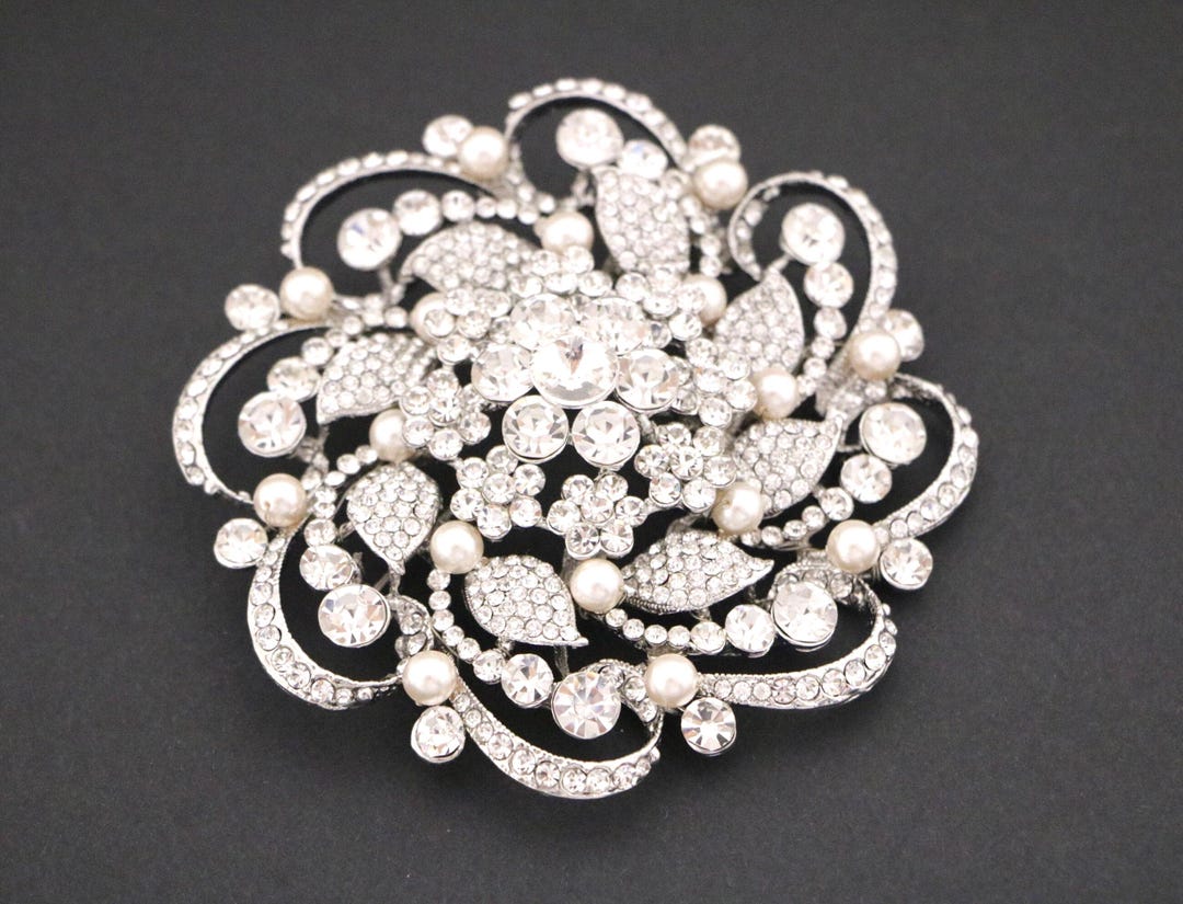 Floral Rhinestone Pearl Wedding Brooch: Silver Bridal Sash Pin Large ...