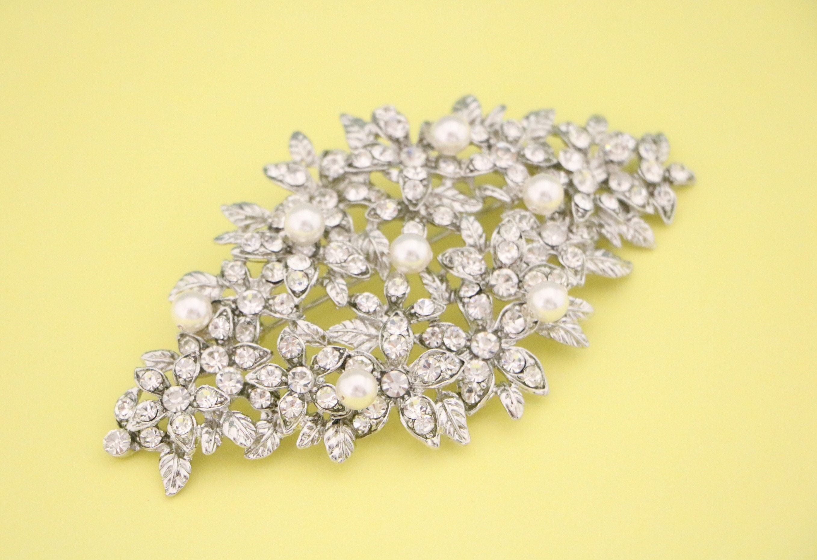 Floral Wedding Brooch Pin Silver Rhinestone & Pearl Bridal Jewelry ...