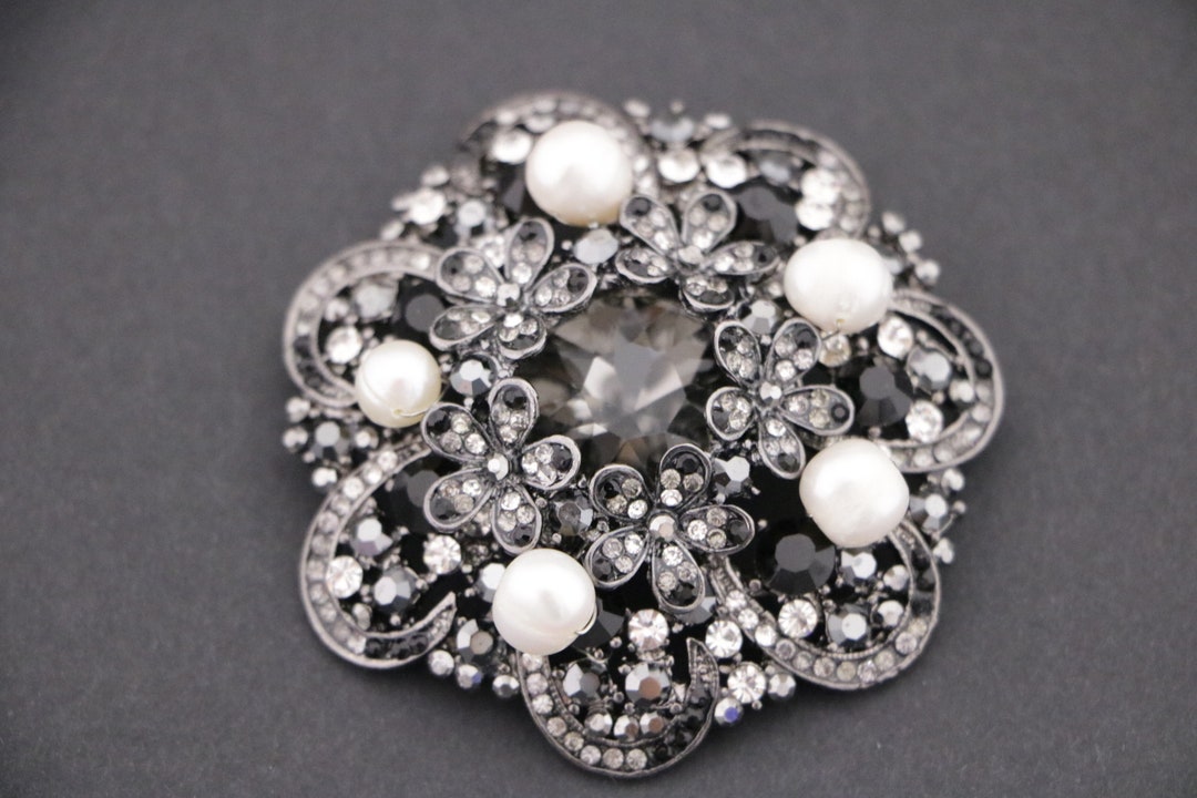 Black Rhinestone Brooch,large Black Brooch 2.5 Inch,wedding Brooch ...