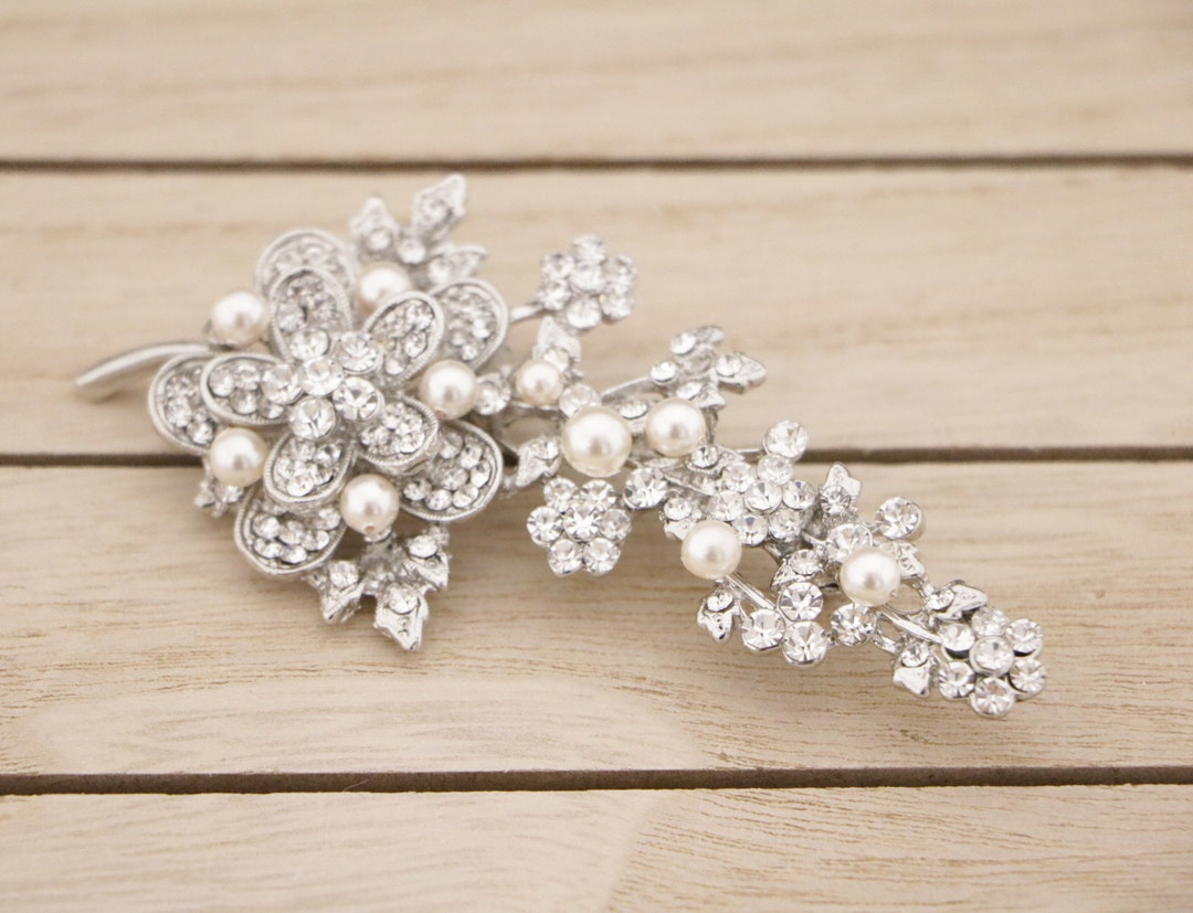Large Rhinestone Pearl Wedding Brooch: Silver Bridal Sash Pin Brooch ...