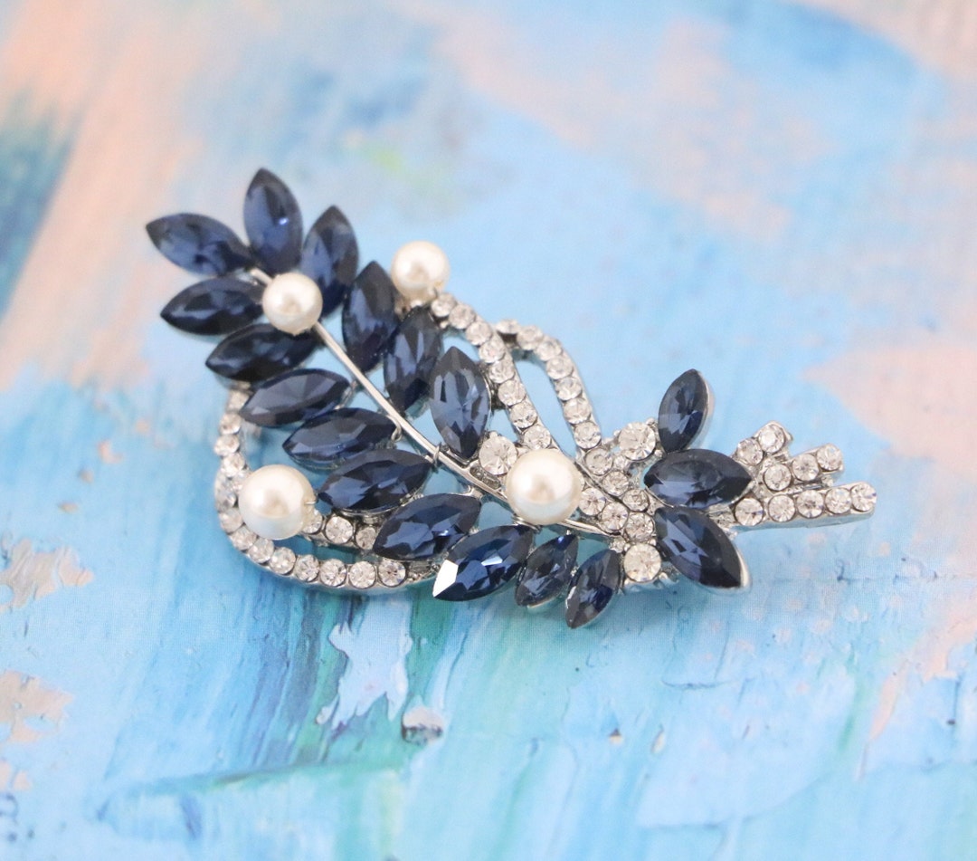 Navy Blue Wedding Brooch Pearl and Crystal Brooch Pin Wedding Dress ...