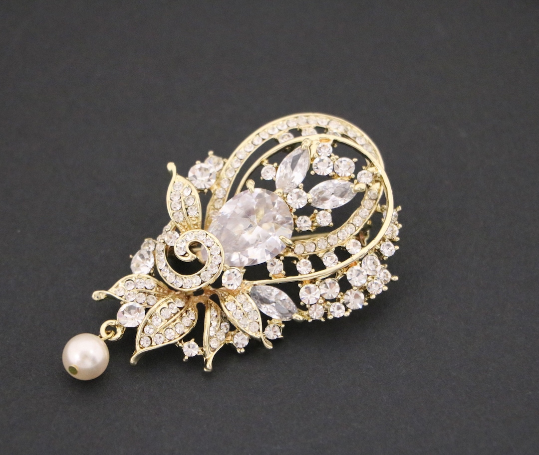 Gold Wedding Brooch Pins Pearl and Crystal Brooch Pin Rhinestone Hair ...