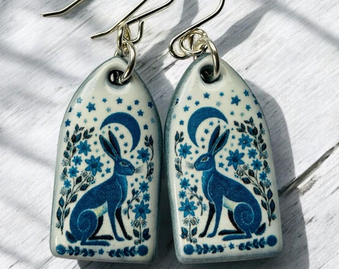 HARE EARRINGS - Hare Ceramic Earrings - Handmade Hare Art Jewellery - Handmade Blue Clay ...