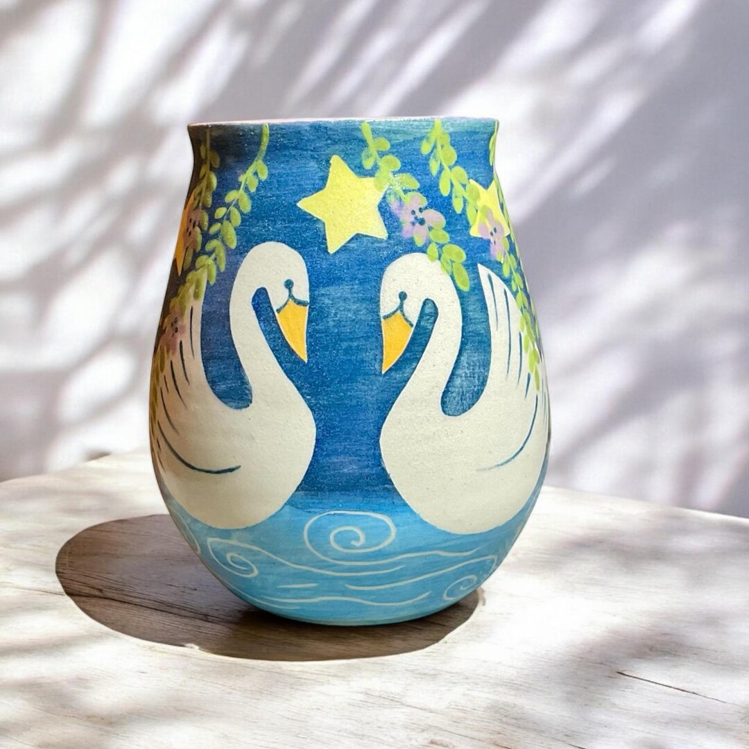 TWO SWANS VASE Devoted Swans Ceramic Vase Hand-painted Art Vase ...