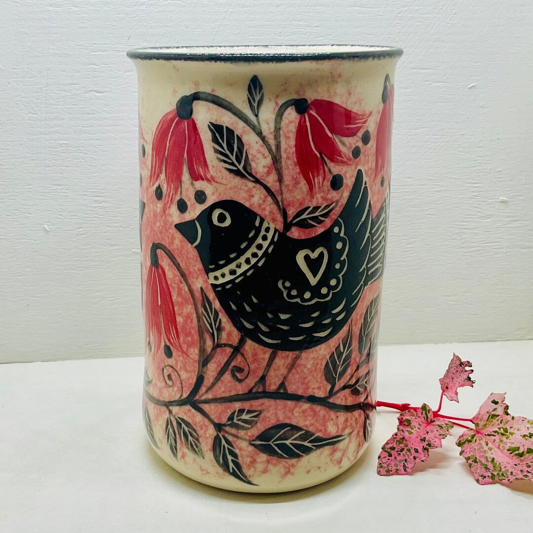 BIRDS & FLOWERS Vase Handmade Pottery Vase Hand Painted Birds Vase ...