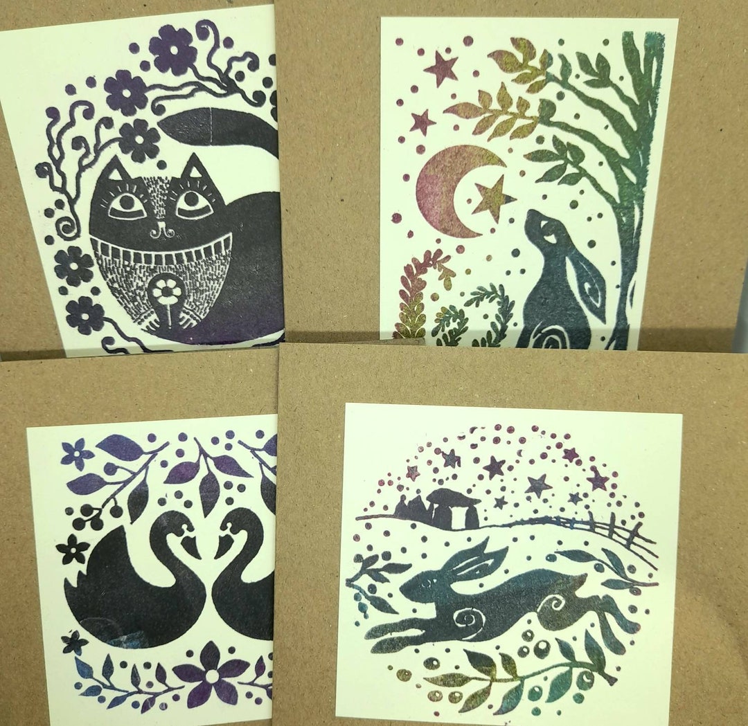 HAND PRINTED CARD Set 3 - 100% Recycled Kraft Card - Original Block ...