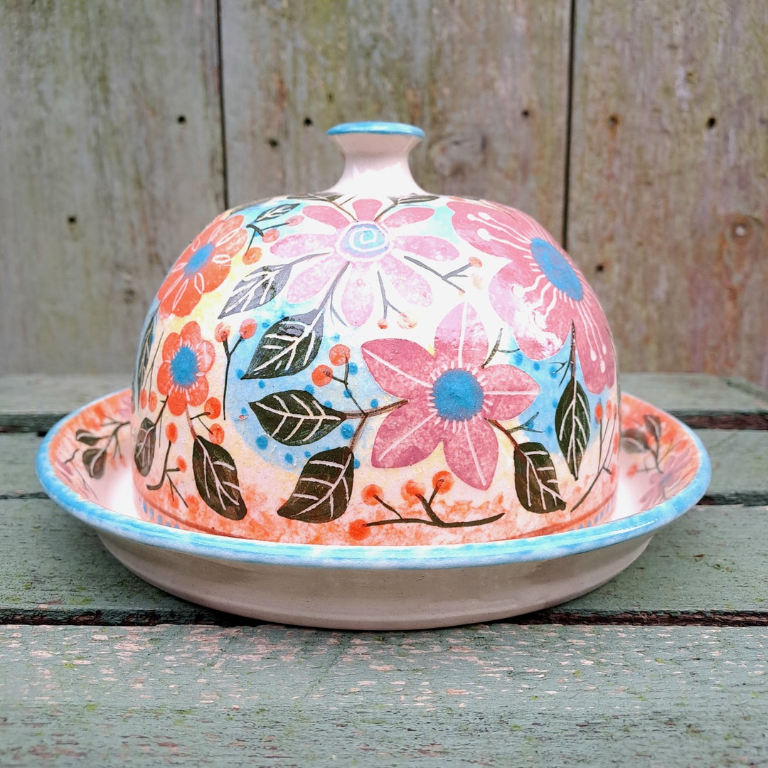 CERAMIC CHEESE DOME - Colourful Flowers Cheese Dome - Handmade ...