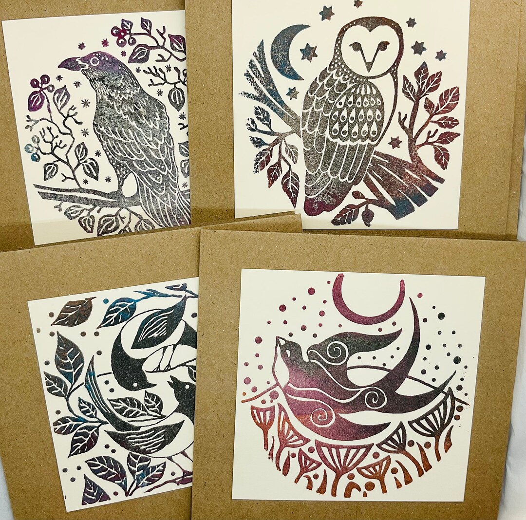 HAND PRINTED CARD Set 4 - 100% Recycled Kraft Card - Original Block ...