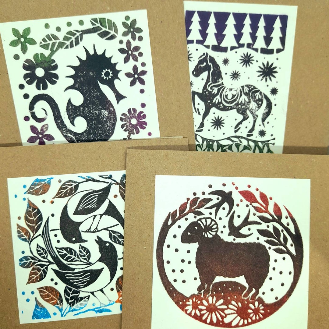 HAND PRINTED CARD Set 2 - 100% Recycled Kraft Card - Original Block ...