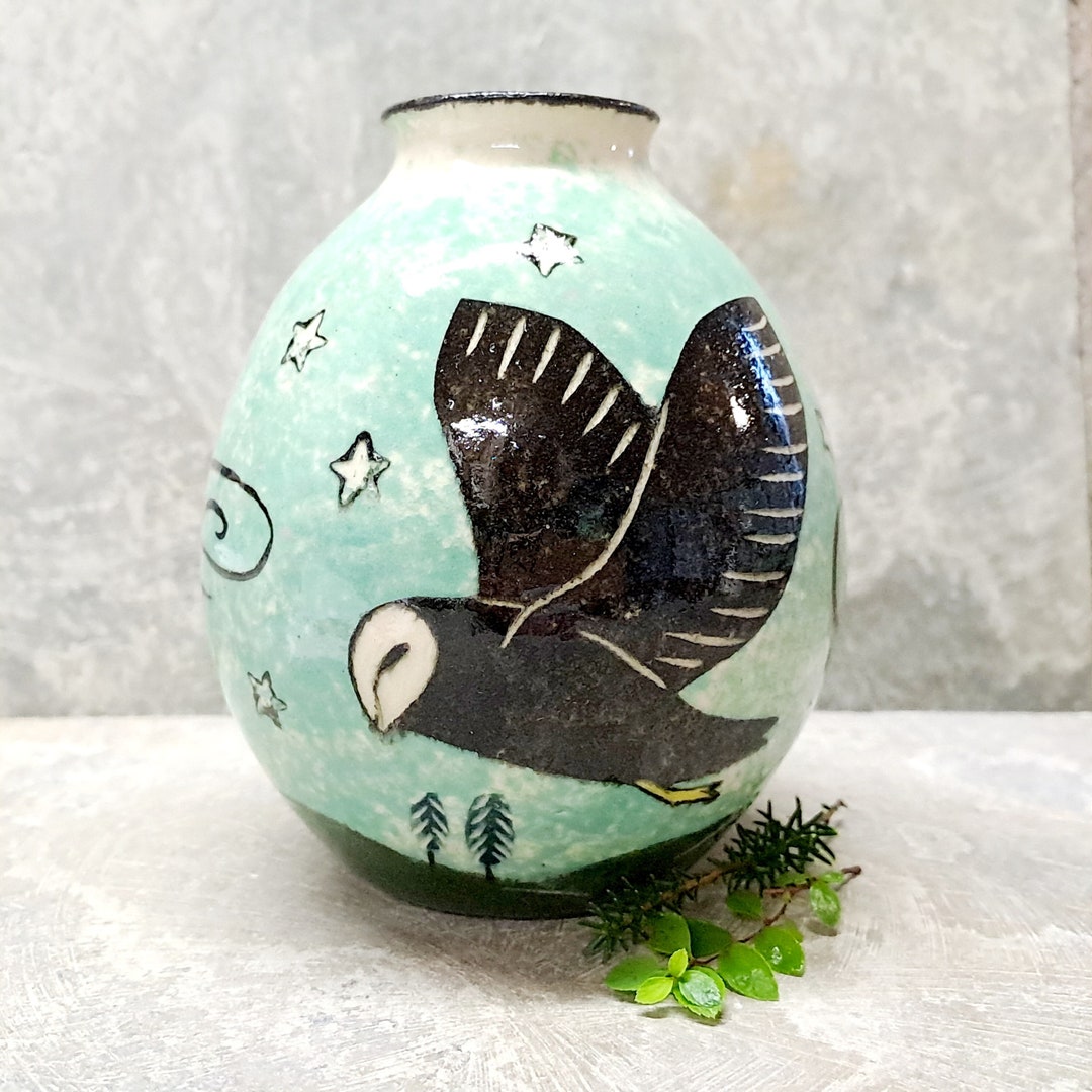 OWL VASE Handmade Pottery Hand Painted Owl Moon Vase Owl Pottery Flying ...