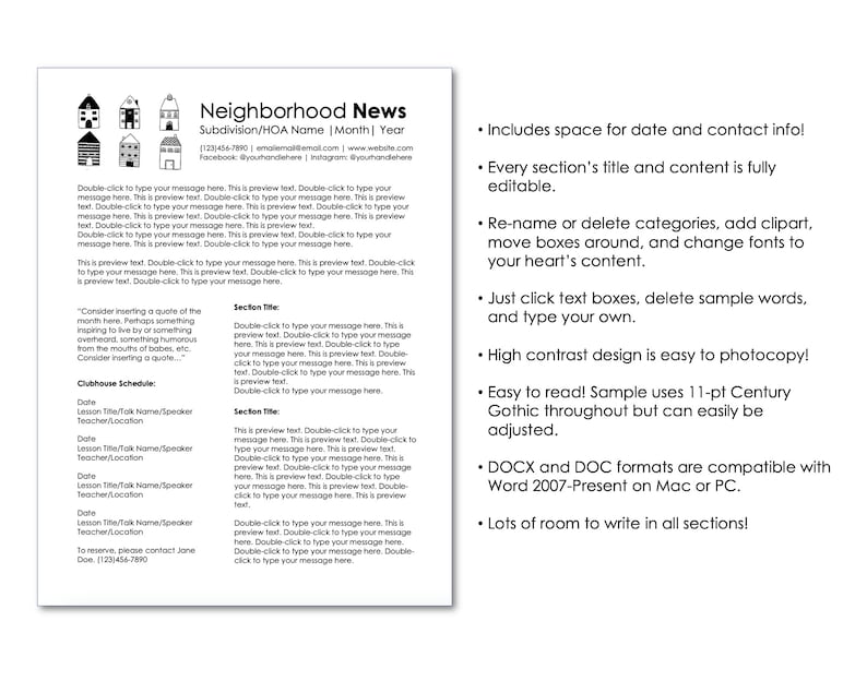Editable HOA Newsletter Template for Microsoft Word - Instant Download ...