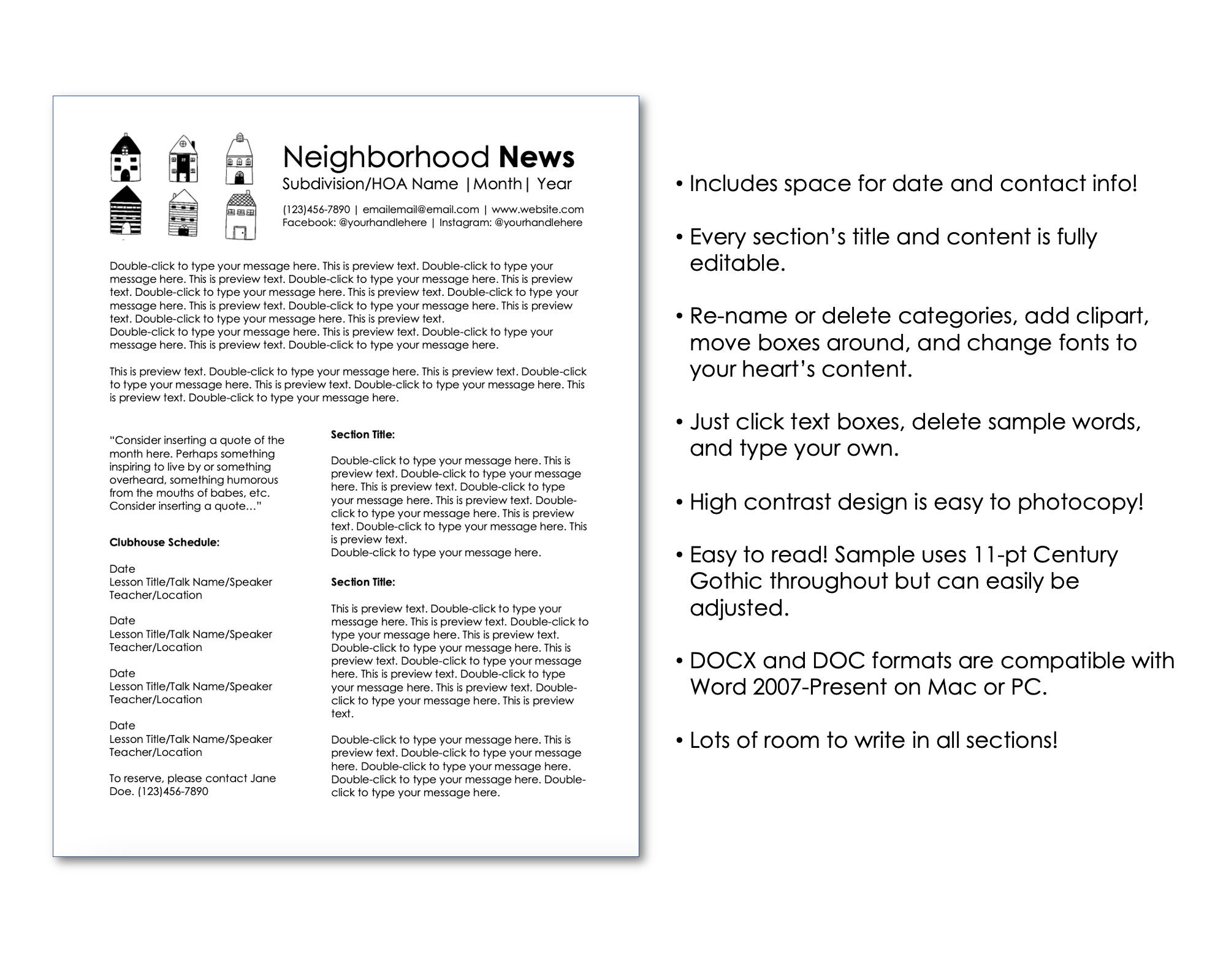 Editable HOA Newsletter Template for Microsoft Word - Instant Download ...