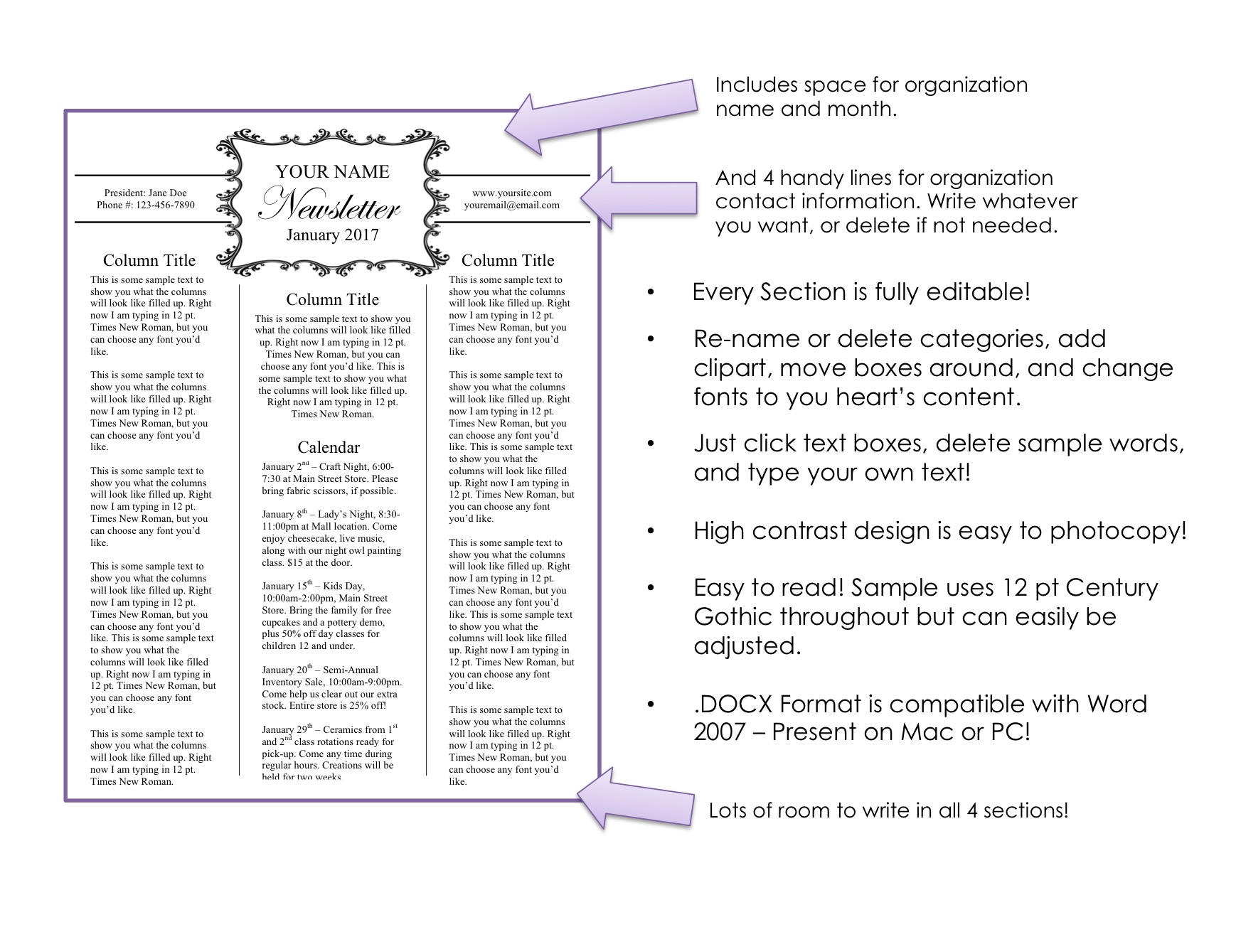 Newsletter Template for Microsoft Word - Elegant - EDITABLE - Instant ...