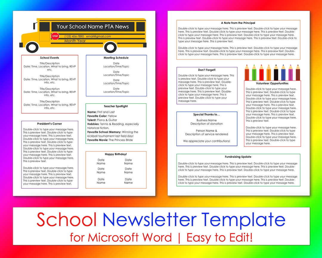 School Newsletter Editable Template for Microsoft Word - Instant ...