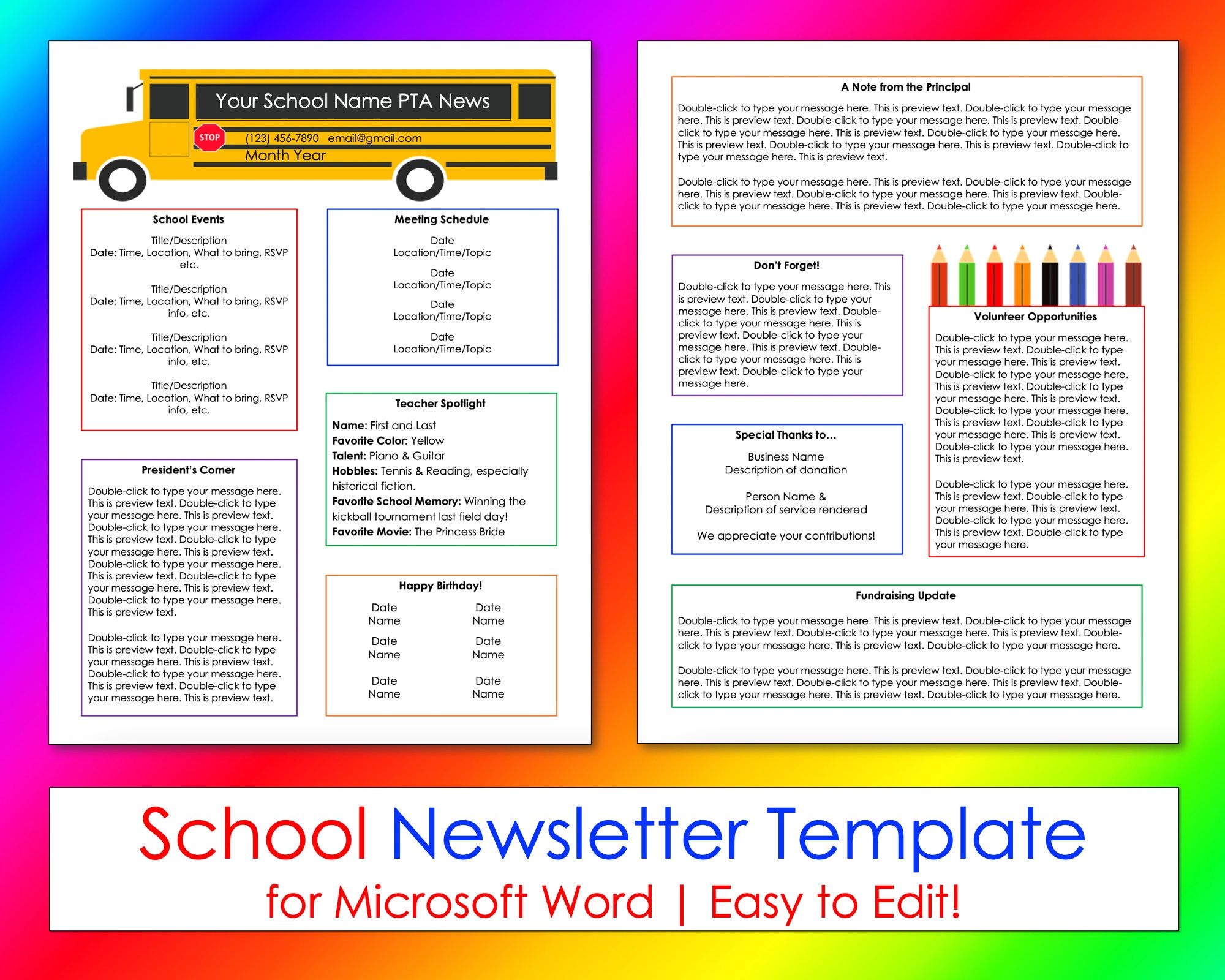 School Newsletter Editable Template for Microsoft Word - Instant ...