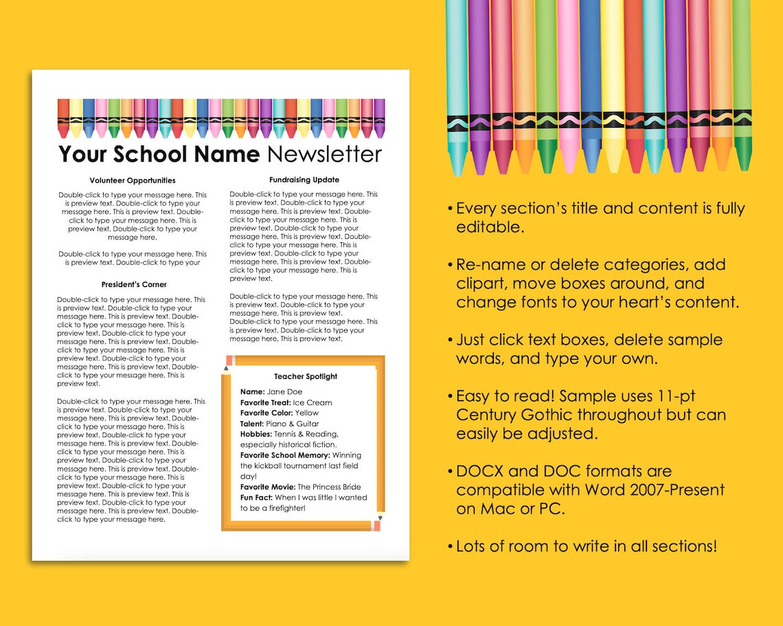 Editable School Newsletter Template - Microsoft Word - Instant Download ...