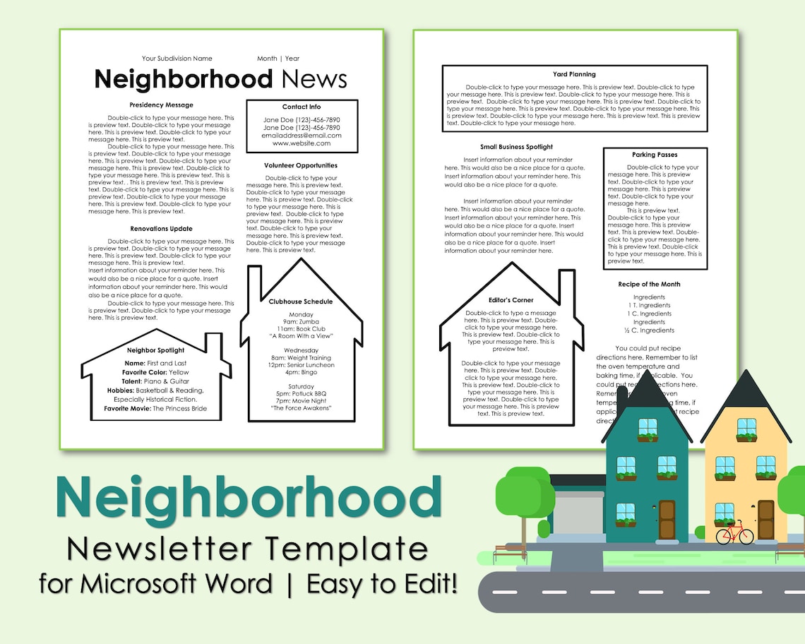 Neighborhood Newsletter Template - Editable in Microsoft Word - Instant ...