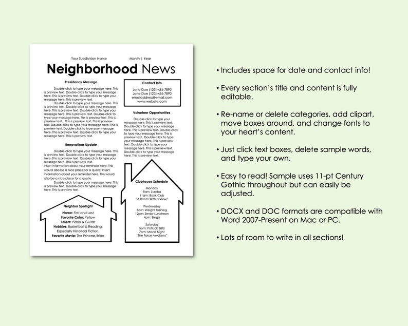 Neighborhood Newsletter Template - Editable in Microsoft Word - Instant ...