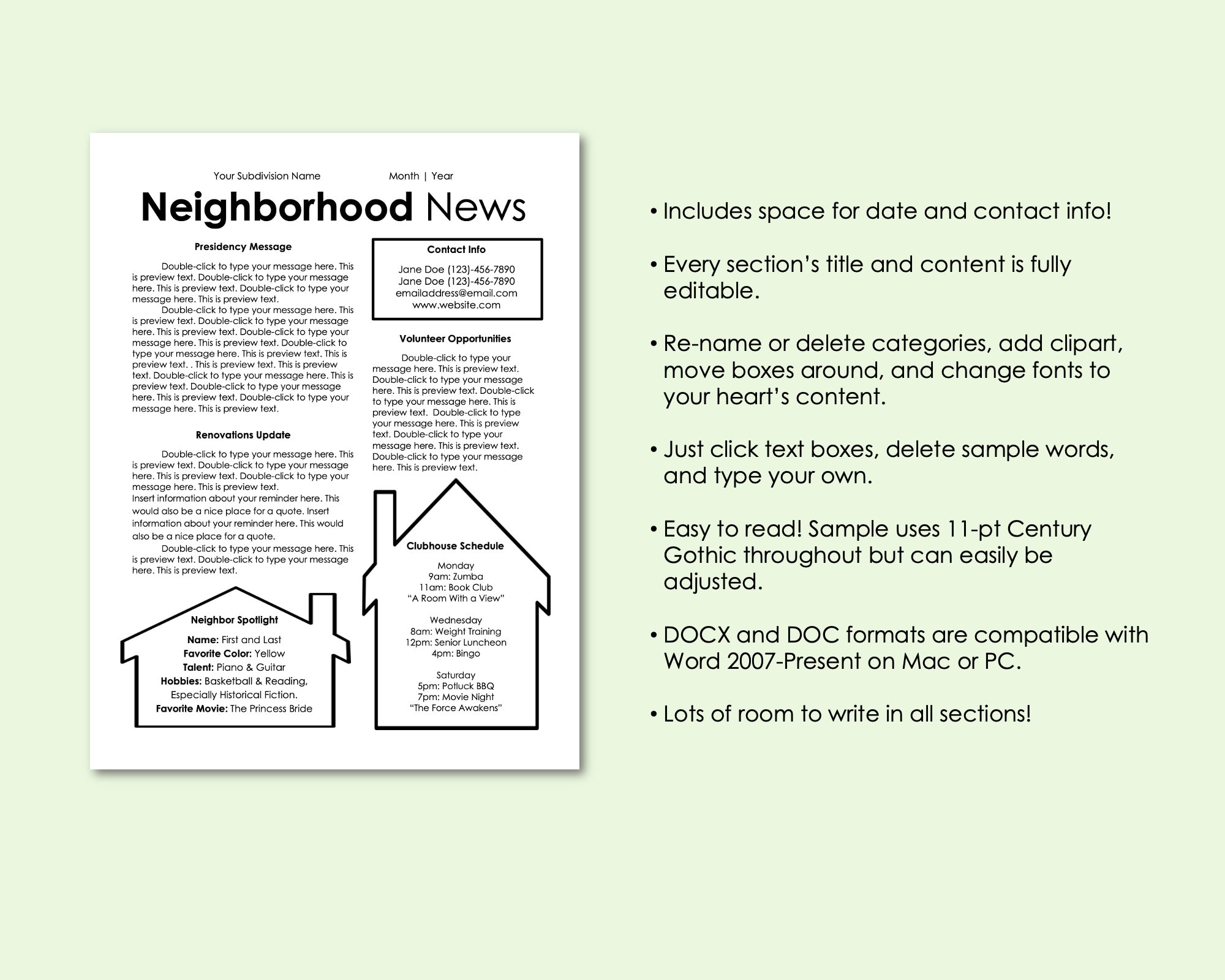 Neighborhood Newsletter Template - Editable in Microsoft Word - Instant ...