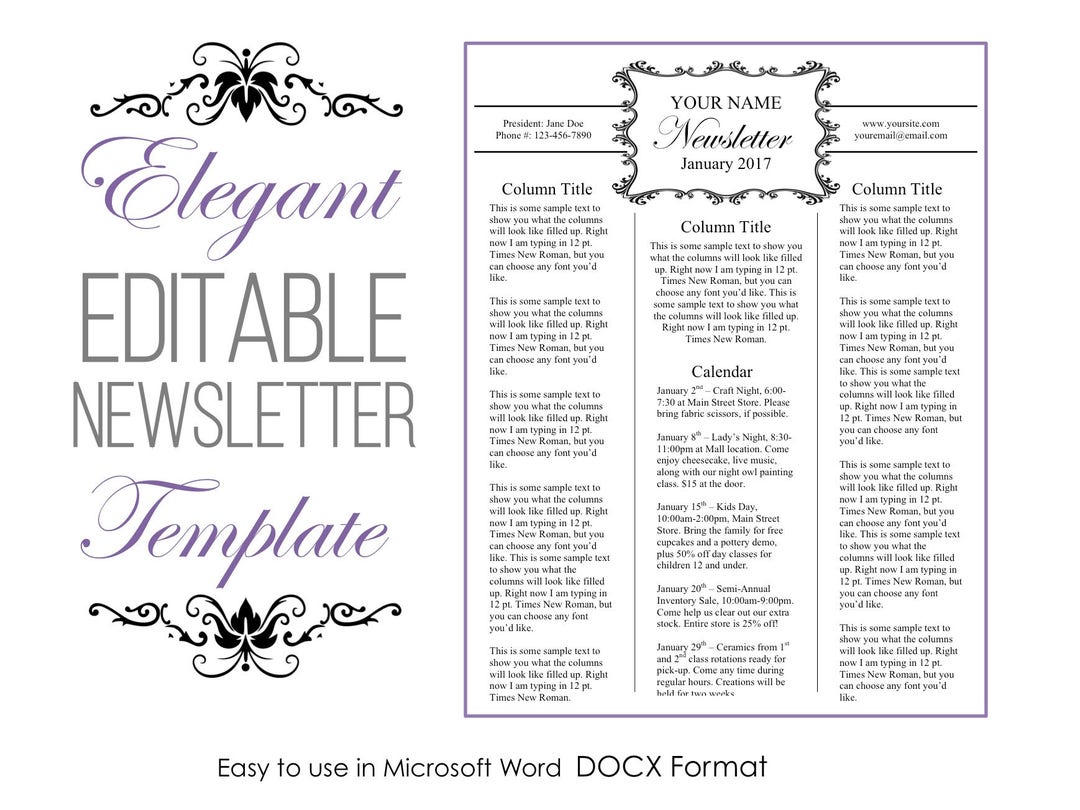 Newsletter Template for Microsoft Word - Elegant - EDITABLE - Instant ...